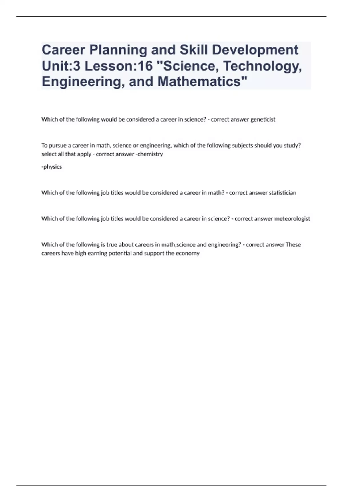 Career Planning and Skill Development Unit:3 Lesson:16 "Science ...