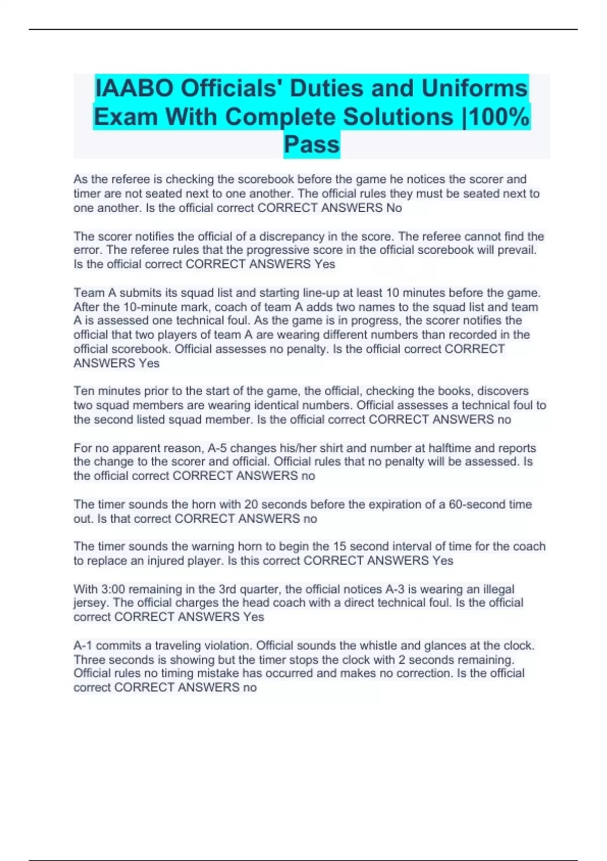 IAABO Officials' Duties and Uniforms Exam With Complete Solutions |100% ...