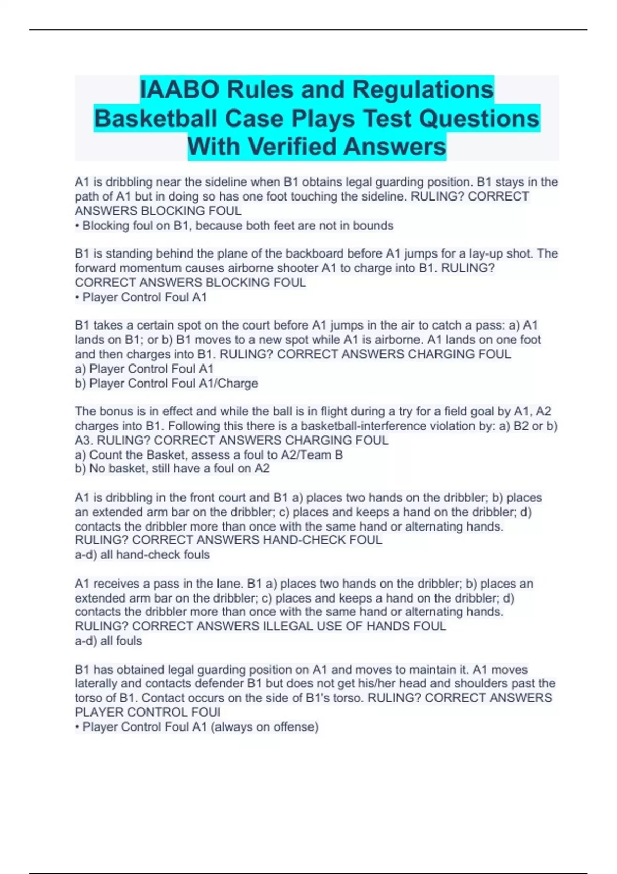 IAABO Rules and Regulations Basketball Case Plays Test Questions With ...