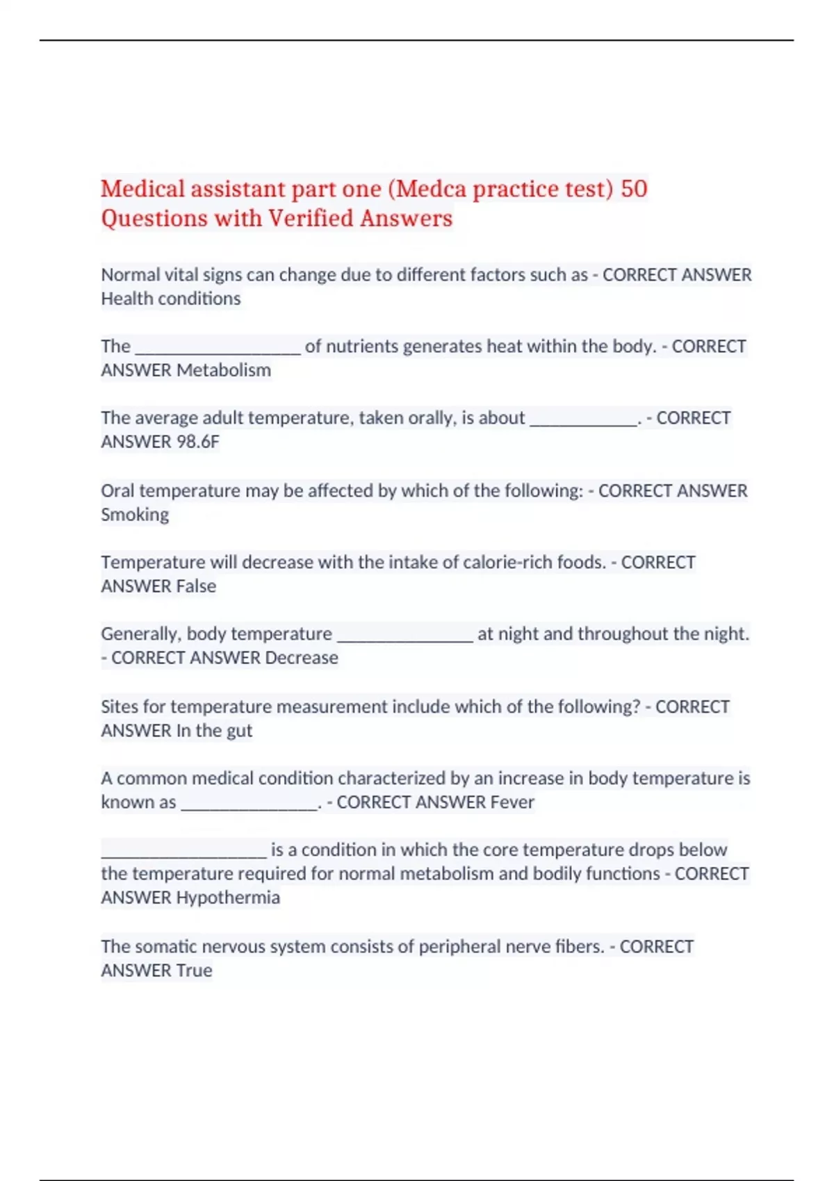 Medical assistant part one (Medca practice test) 50 Questions with ...