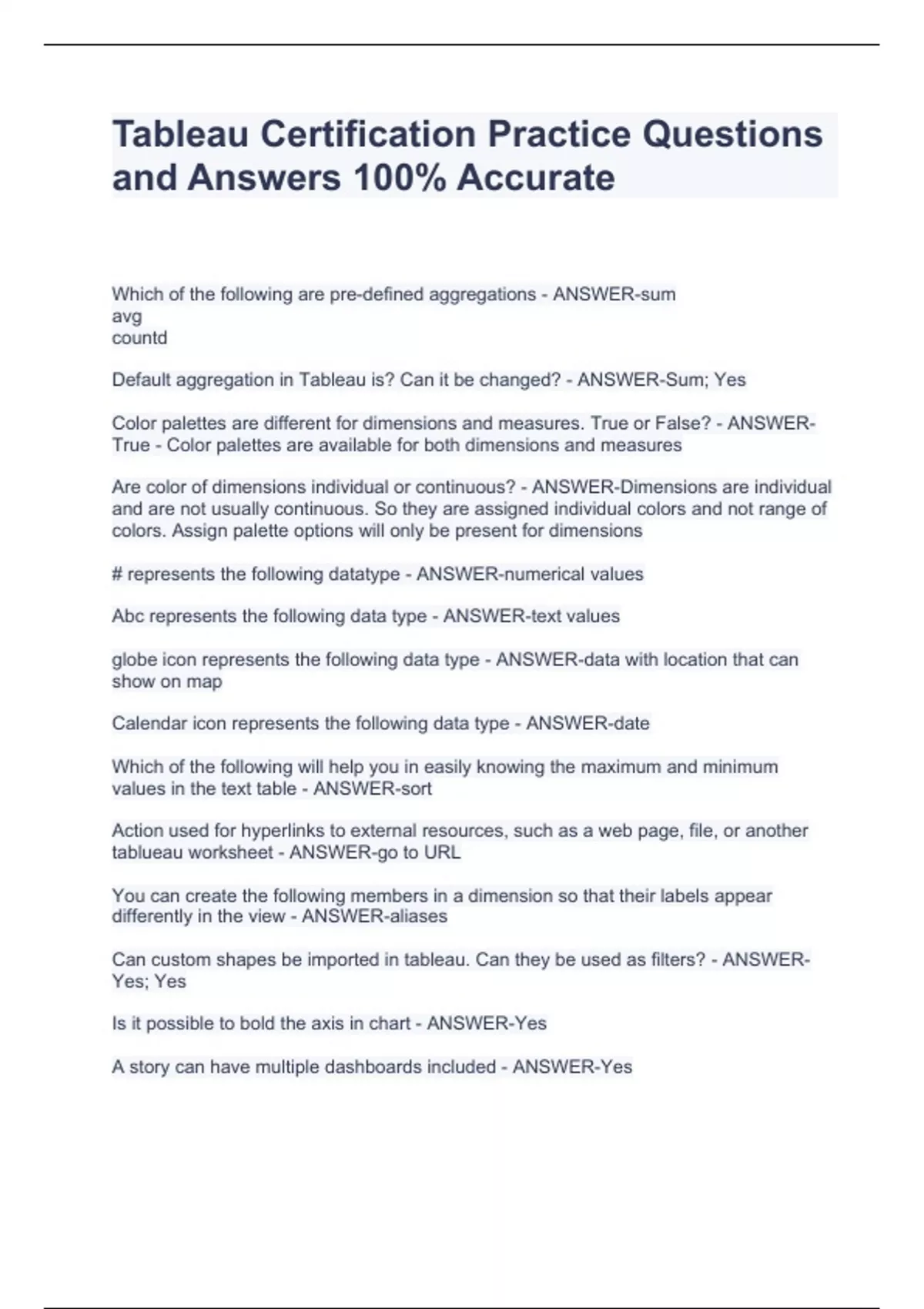 Tableau Certification Practice Questions and Answers 100% Accurate ...