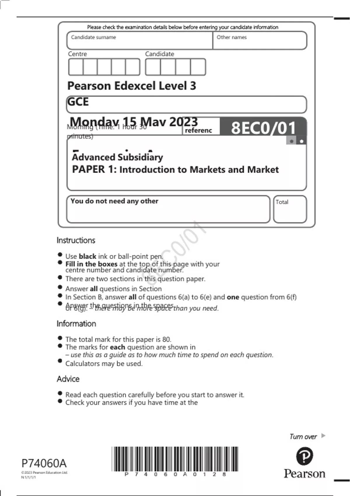 Pearson Edexcel GCE Economics A Advanced Subsidiary paper 1(8ec0/01 ...