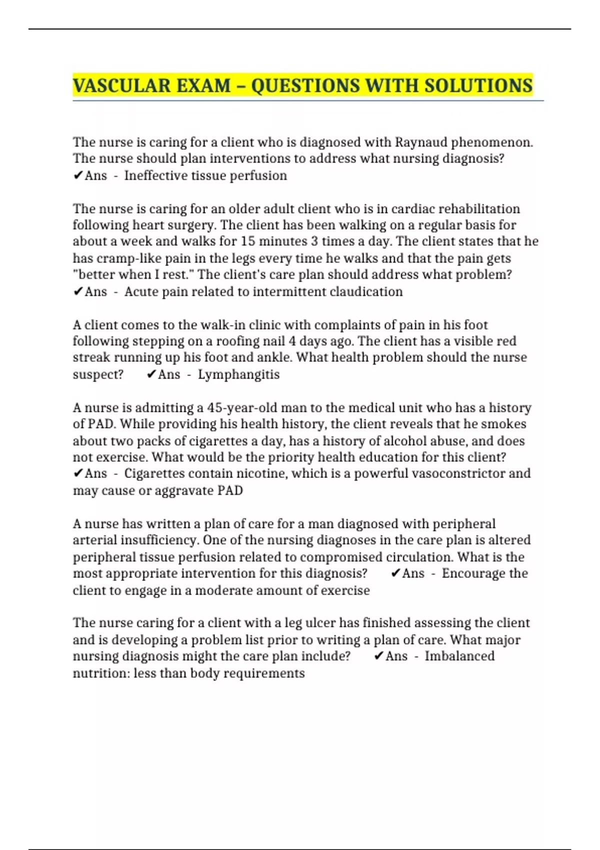 VASCULAR EXAM – QUESTIONS WITH SOLUTIONS - VASCULAR - Stuvia US