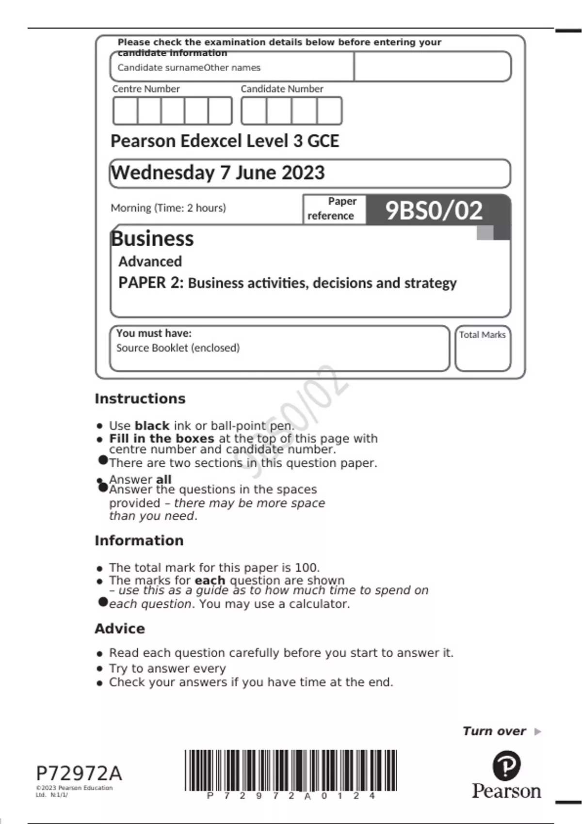 Pearson Edexcel GCE A Level in Business Paper 02(9BS0/02)QUESTION PAPER ...