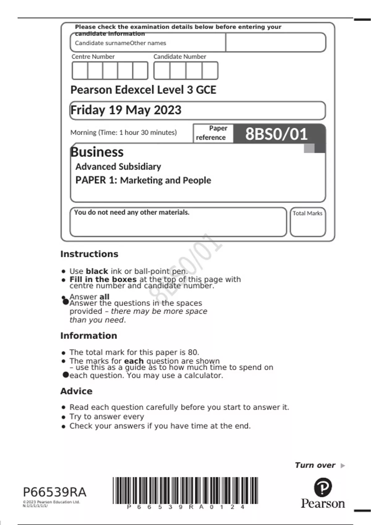 Pearson Edexcel GCE AS Level in Business Paper 01(8BS0/01)QUESTION ...