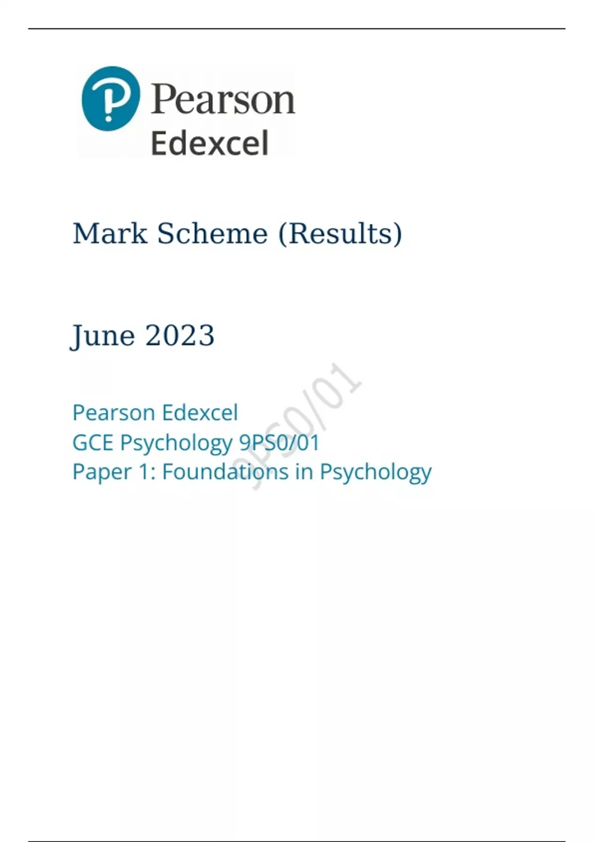 Pearson Edexcel GCE A Level Psychology Paper 1 Question paper and mark ...