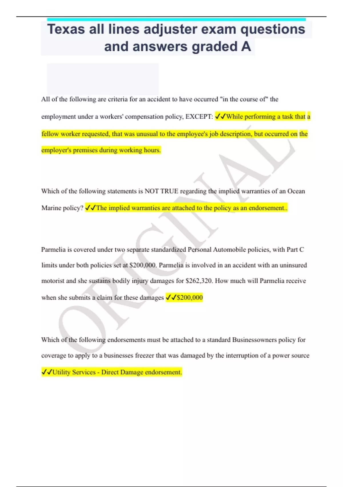 Texas all lines adjuster exam questions and answers graded A - Texas ...