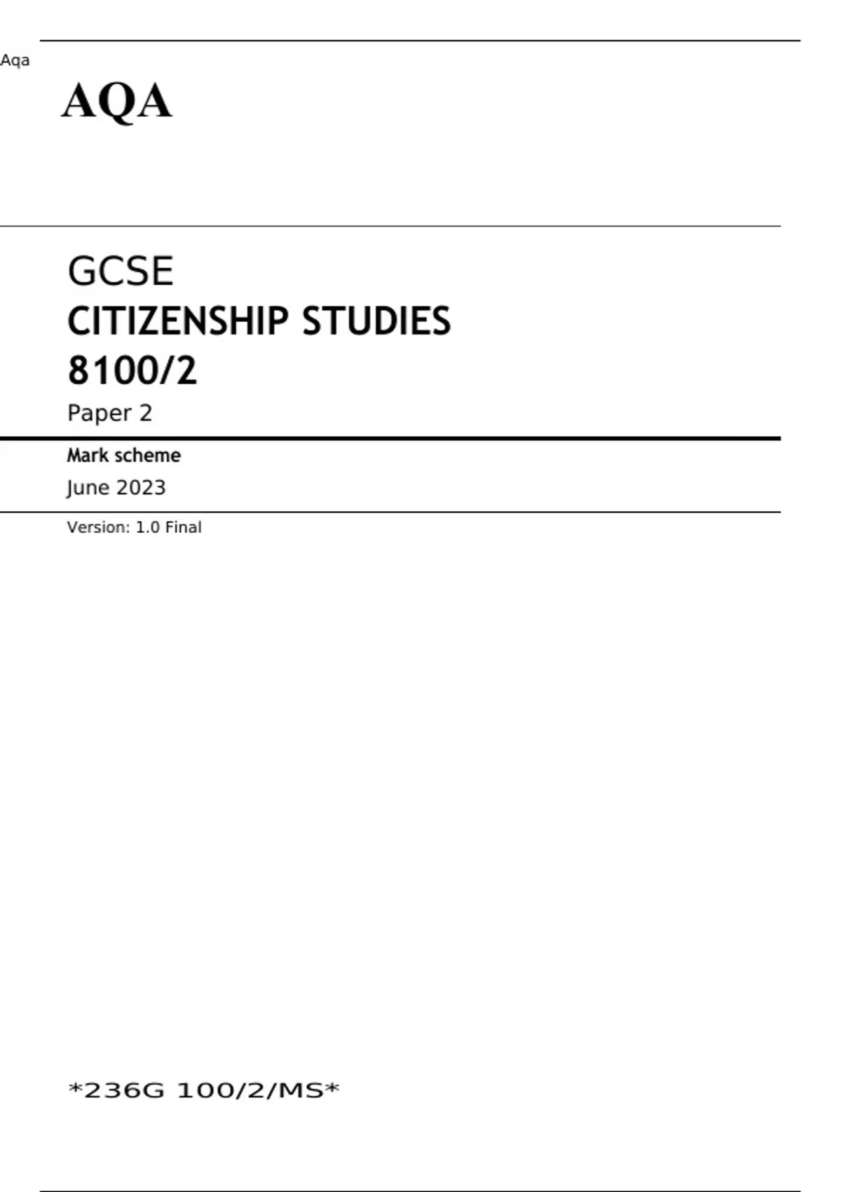 AQA GCSE CITIZENSHIP STUDIES Paper 2 JUNE 2023 MARK SCHEME - GCSE ...