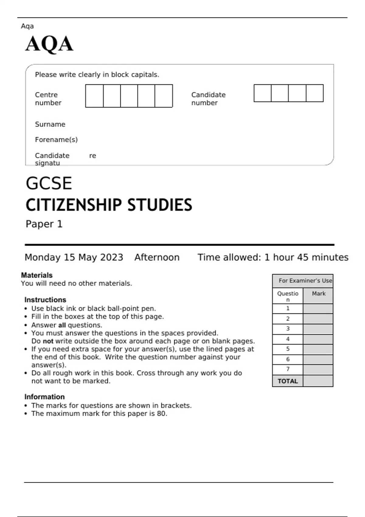 AQA GCSE CITIZENSHIP STUDIES Paper 1 JUNE 2023 QUESTION PAPER - GCSE ...