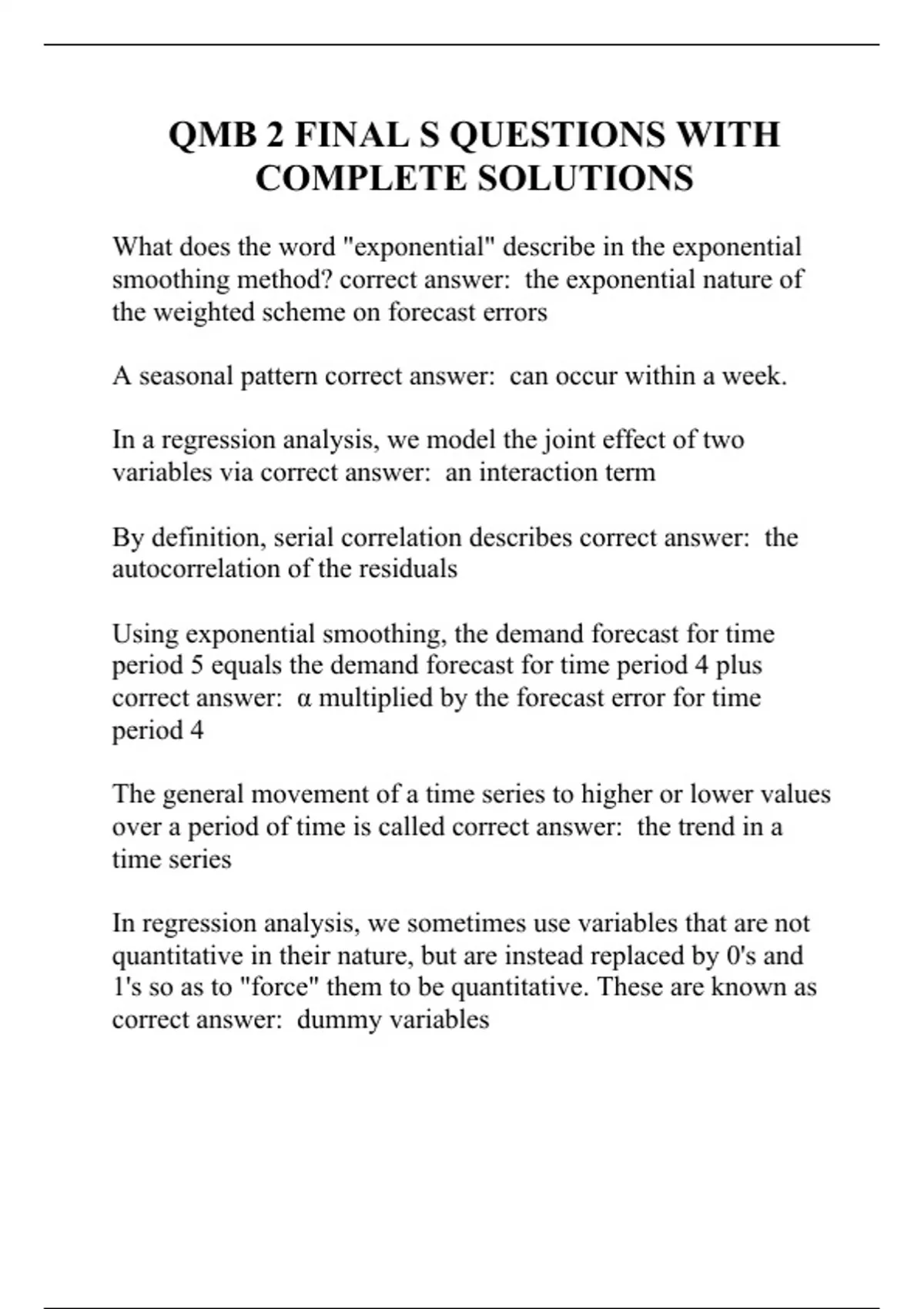 QMB 2 FINAL S QUESTIONS WITH COMPLETE SOLUTIONS - QMB - Stuvia US