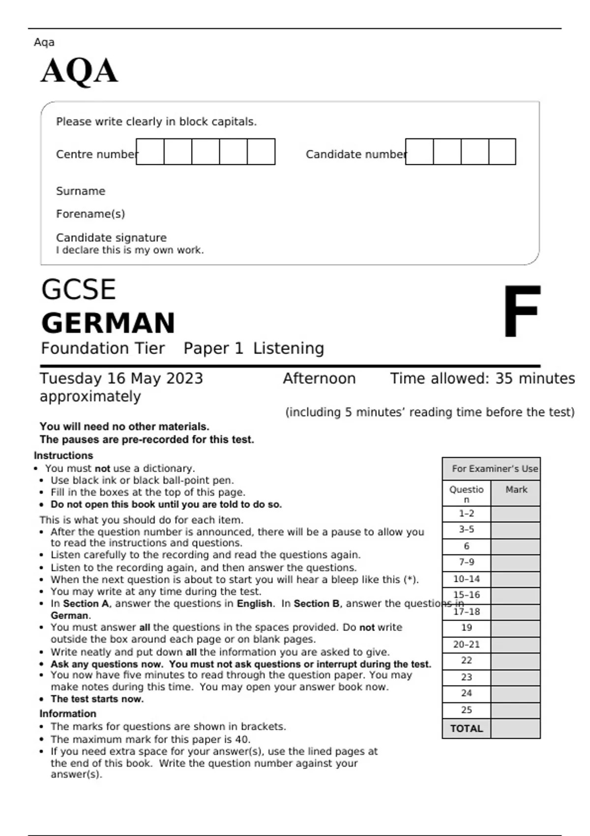 AQA GCSE GERMAN Foundation Tier Paper 1 JUNE 2023 QUESTION PAPER ...