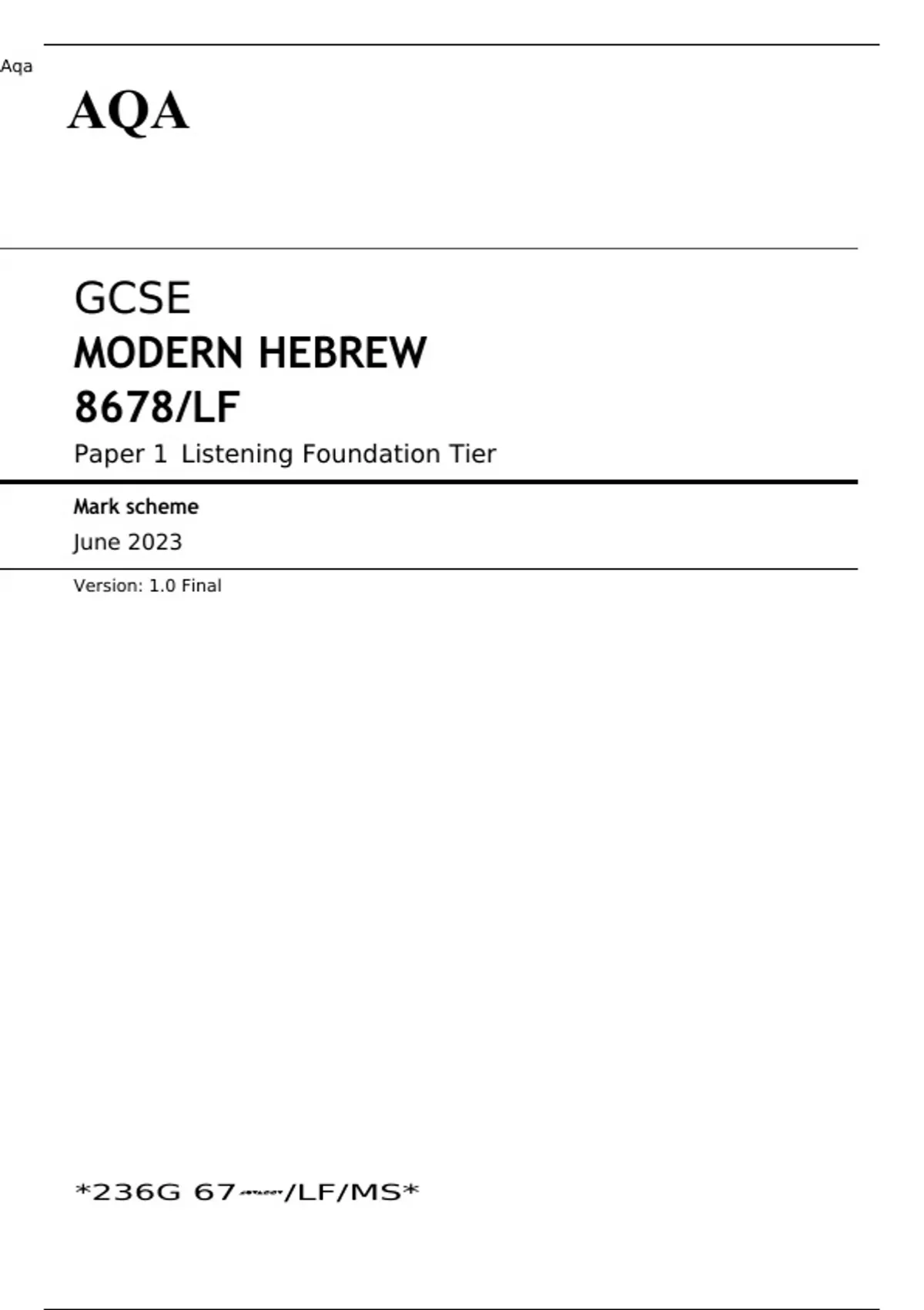 AQA GCSE MODERN HEBREW Foundation Tier Paper 1 JUNE 2023 QUESTION PAPER ...