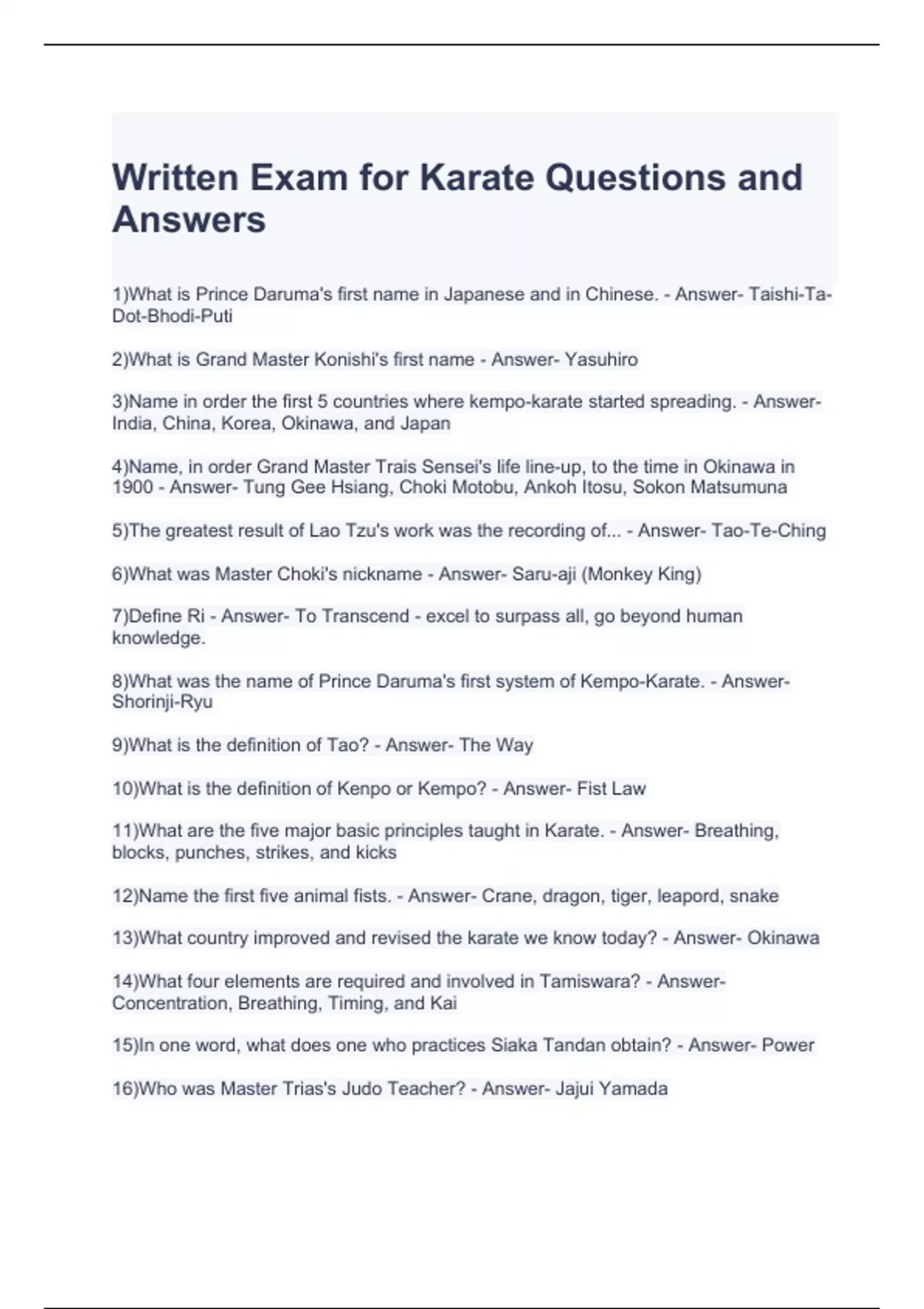 Written Exam for Karate Questions and Answers - Karate - Stuvia US