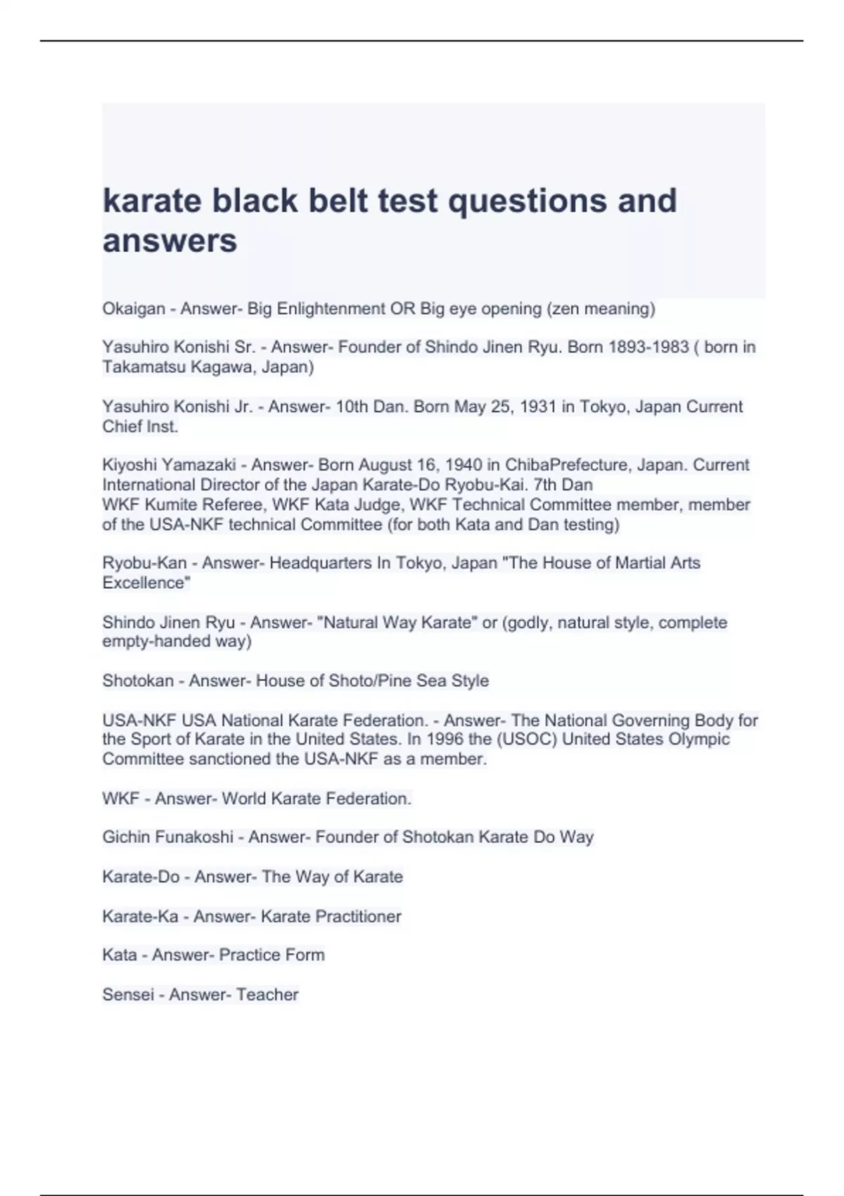 karate black belt test questions and answers - Karate - Stuvia US