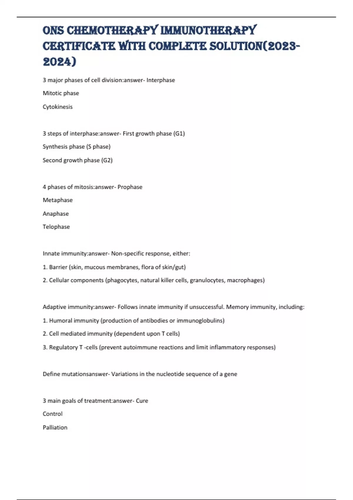 ONS Chemotherapy Immunotherapy Certificate with complete solution ...