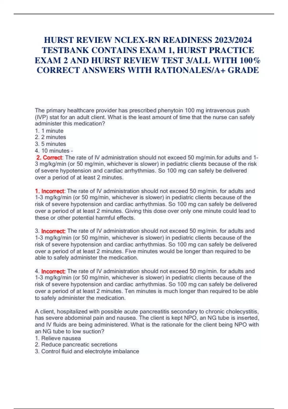 HURST REVIEW NCLEX-RN READINESS 2023/2024 TESTBANK CONTAINS EXAM 1 ...