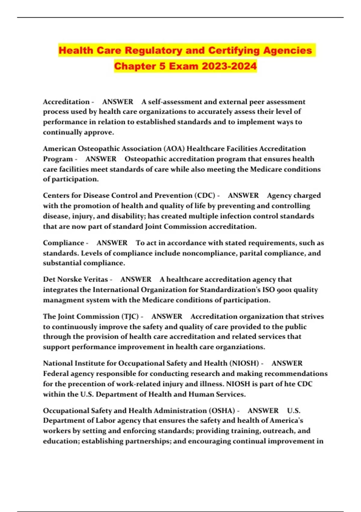 Health Care Regulatory and Certifying Agencies Chapter 5 Exam - Health ...