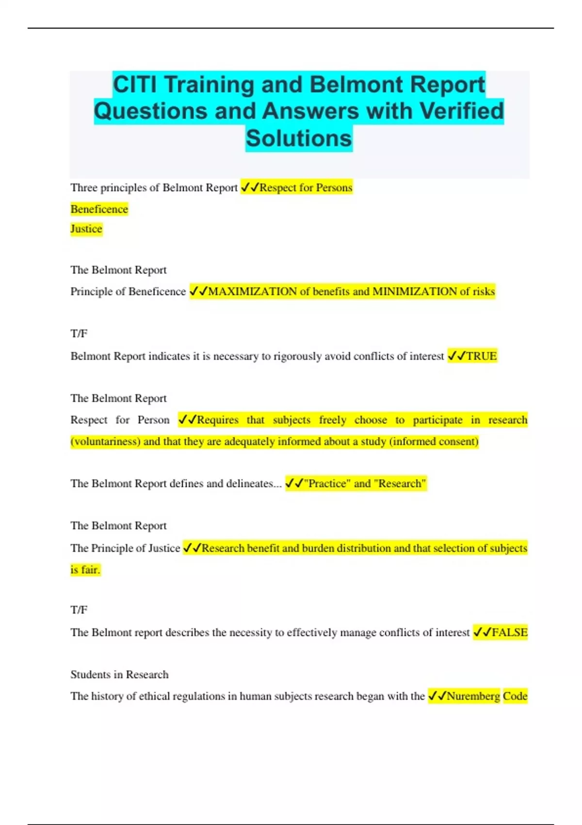 CITI Training and Belmont Report Questions and Answers with Verified ...