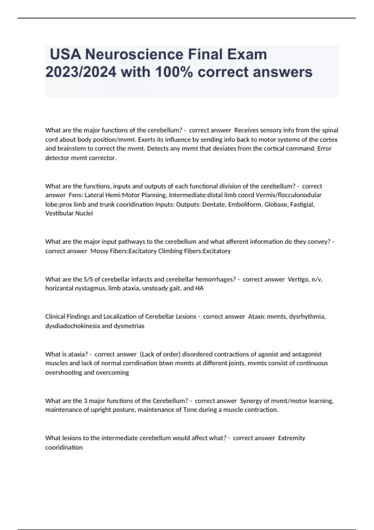 USA Neuroscience Final Exam 2023/2024 with 100% correct answers - USAHS ...