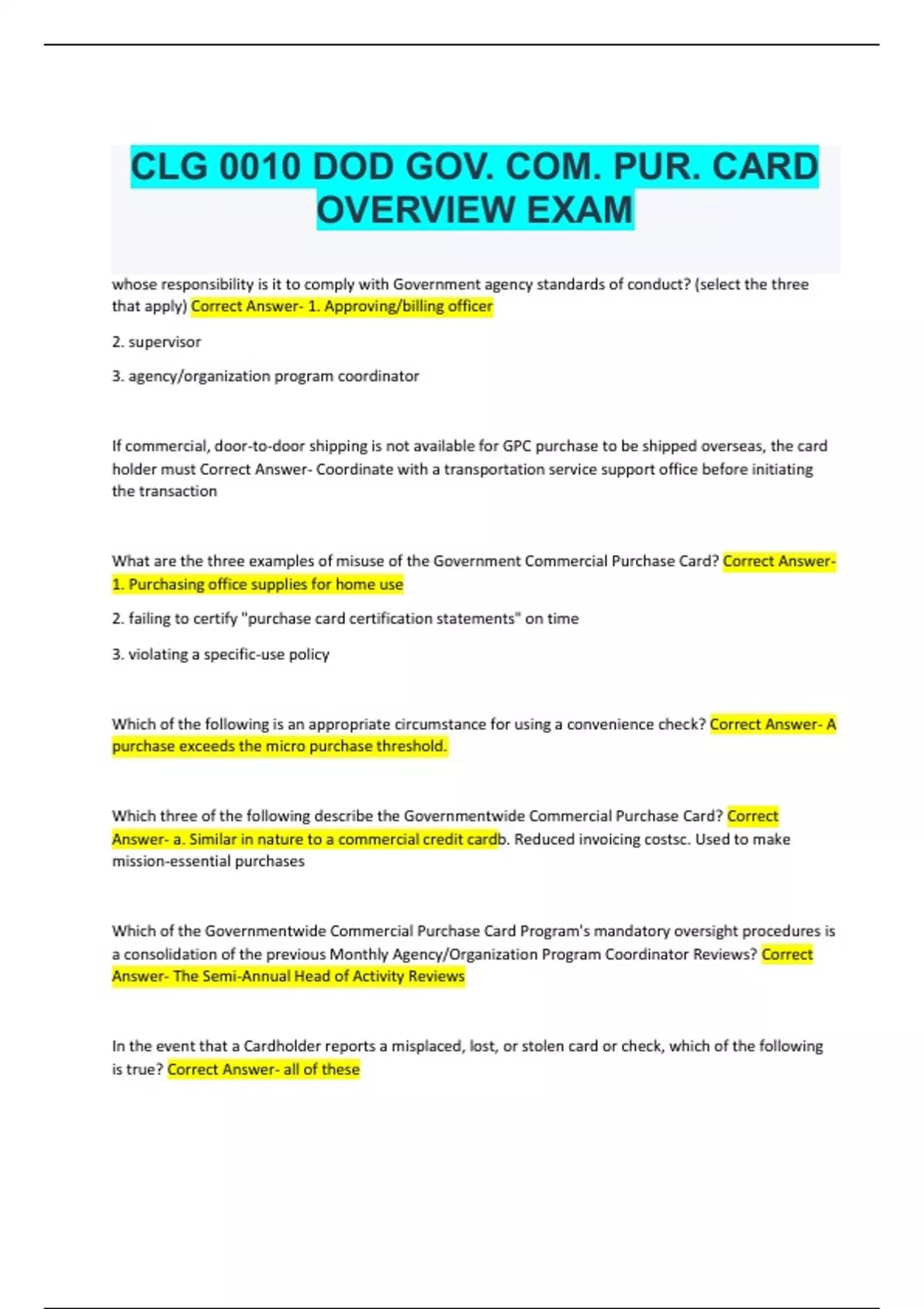CLG 0010 DOD GOV. COM. PUR. CARD OVERVIEW EXAM - CLG 0010 - Stuvia US