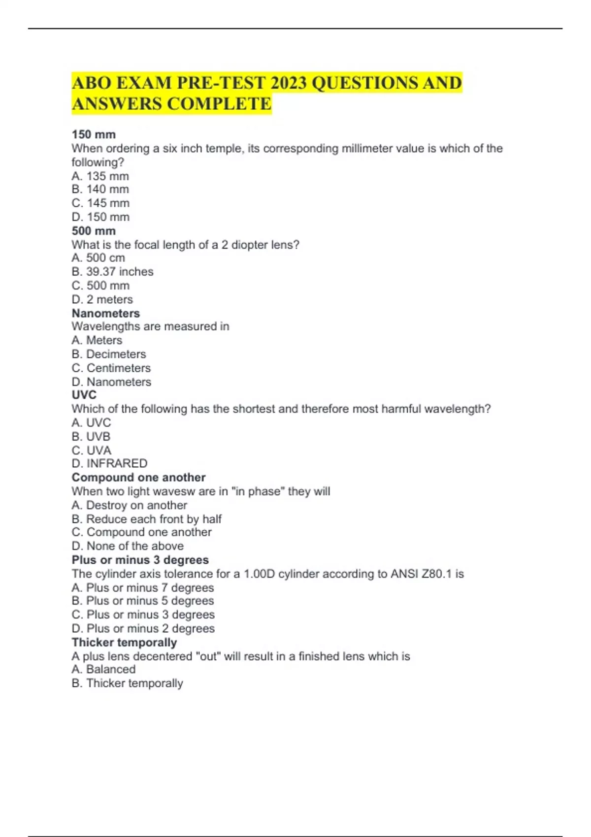 ABO EXAM PRE-TEST 2023 QUESTIONS AND ANSWERS COMPLETE - ABO - Stuvia US