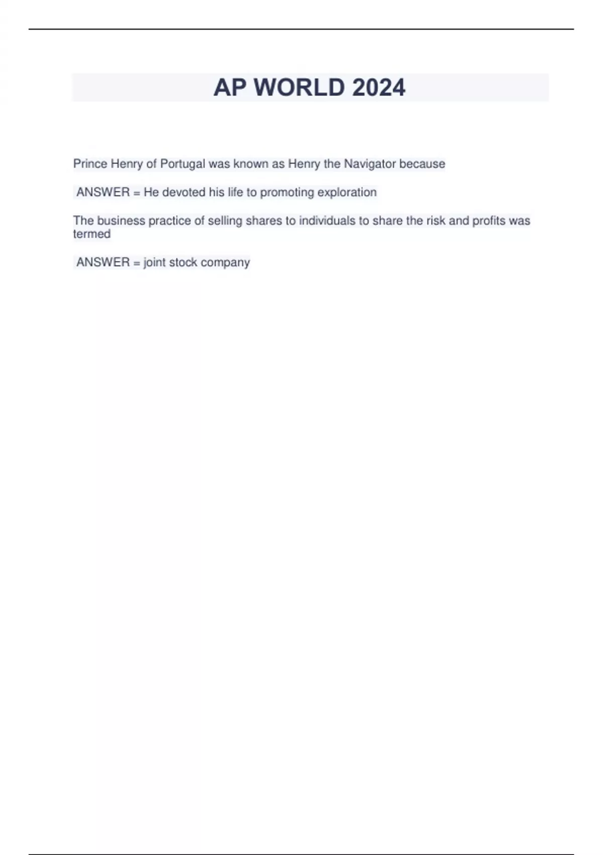 AP WORLD 2024 SOLUTIONS - AP WORLD 2024 - Stuvia US
