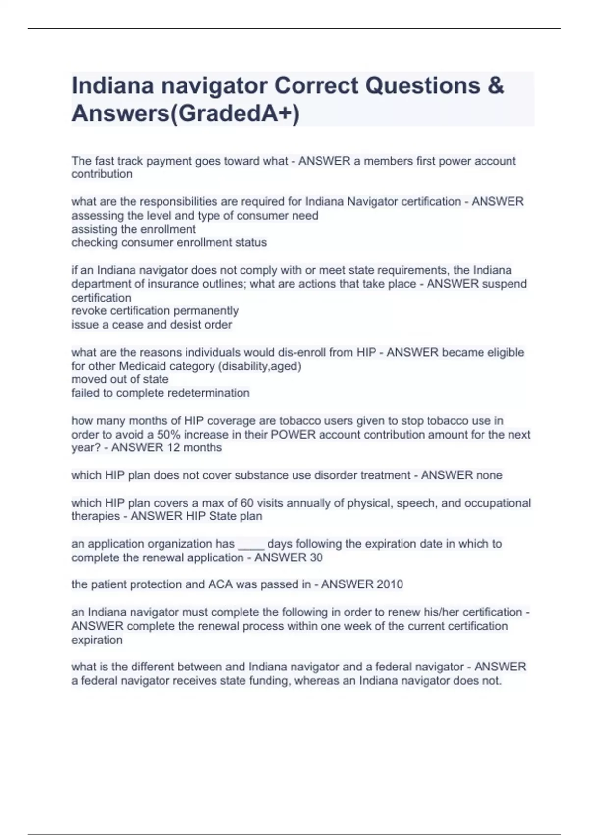 Indiana navigator Correct Questions & Answers(GradedA+) - Indiana ...