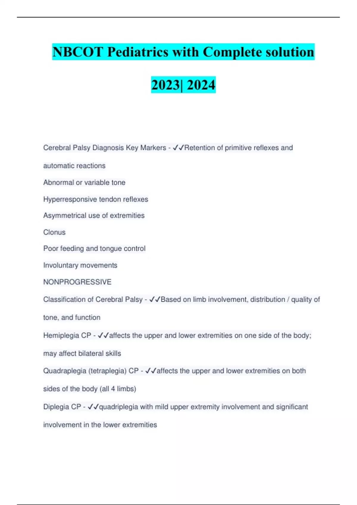 NBCOT Pediatrics with Complete solution 2023| 2024 - NBCOT & AOTA - Stuvia US