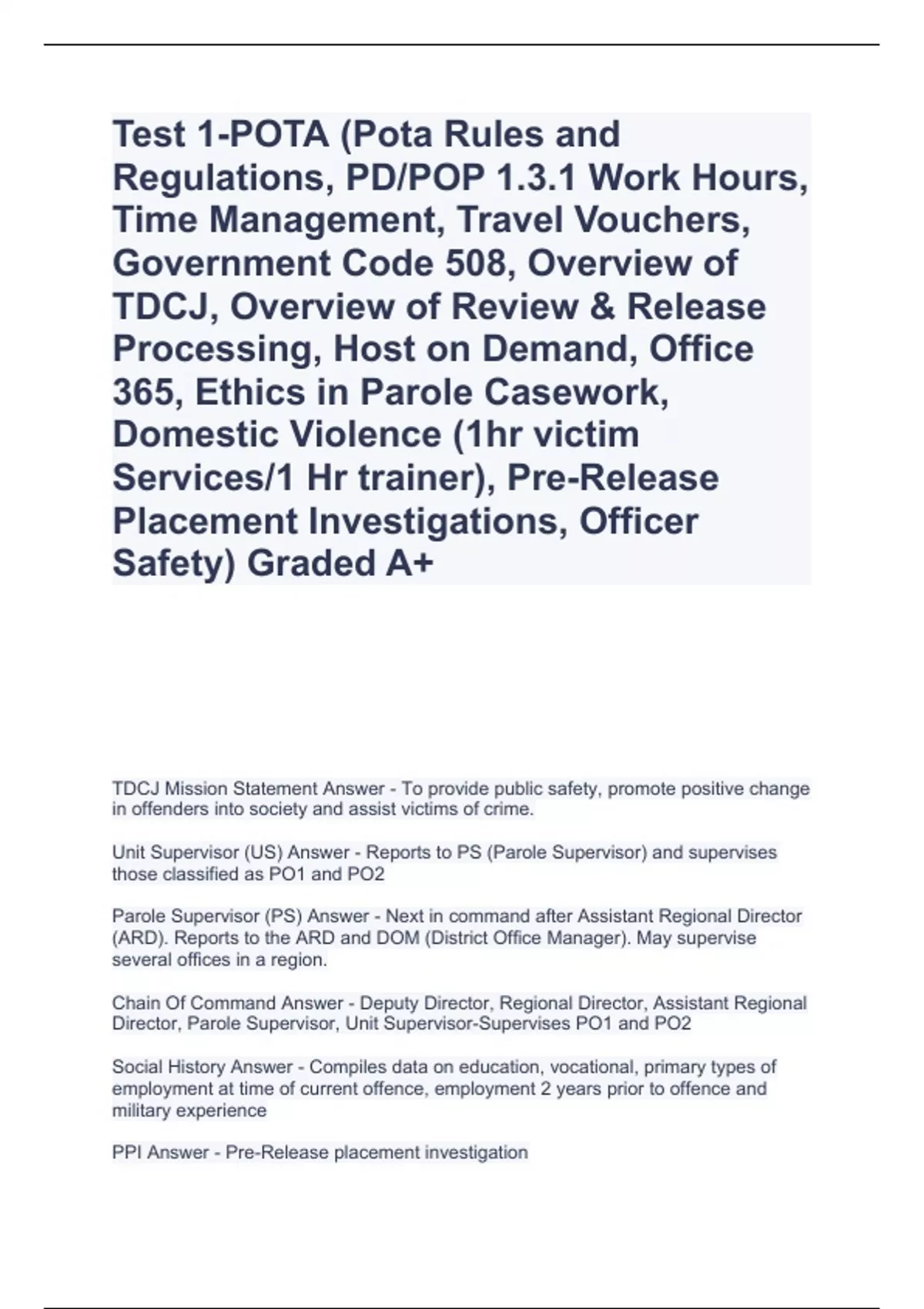 Test 1-POTA (Pota Rules and Regulations, PD/POP 1.3.1 Work Hours, Time ...