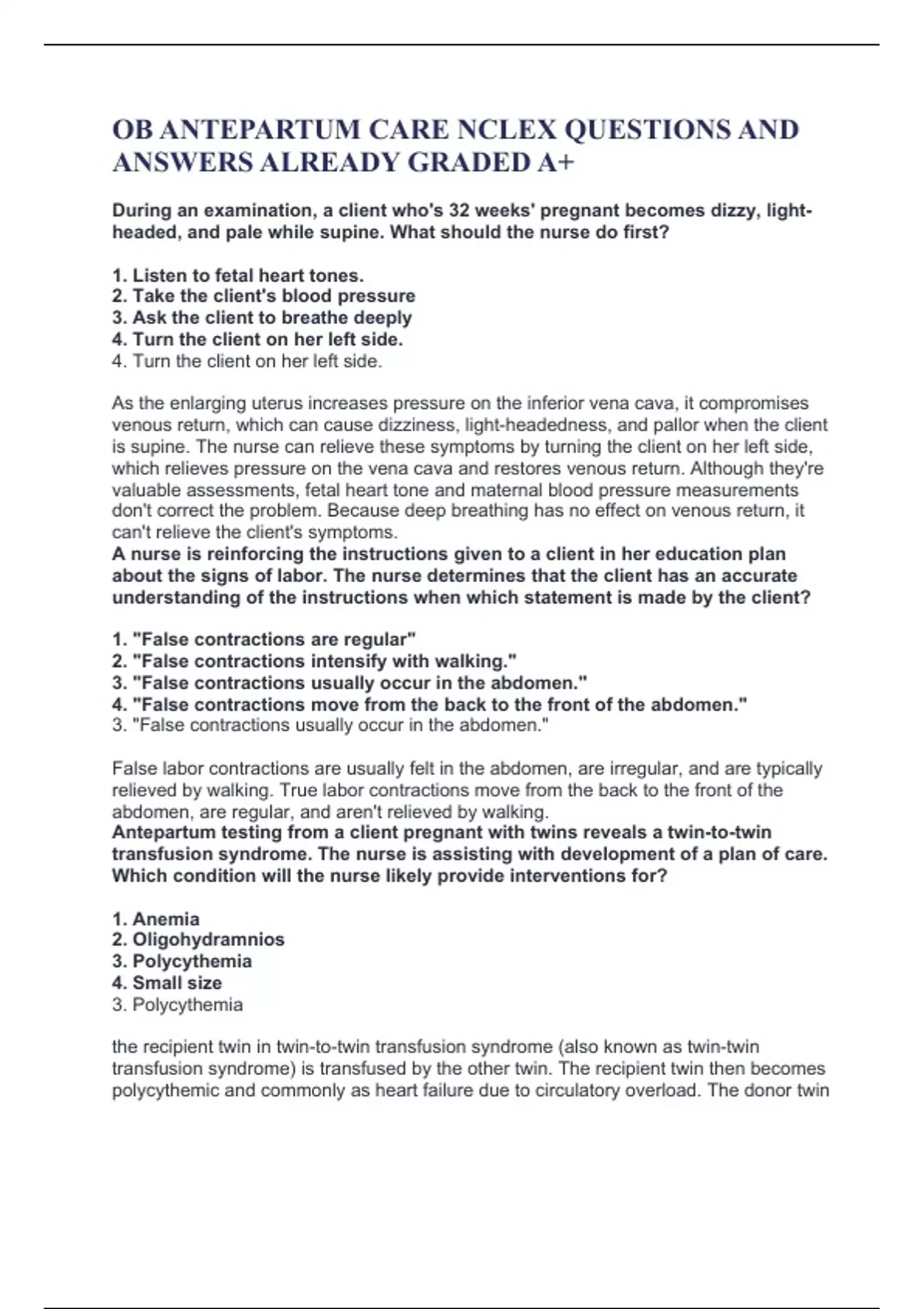 OB ANTEPARTUM CARE NCLEX QUESTIONS AND ANSWERS ALREADY GRADED A+ - OB ...