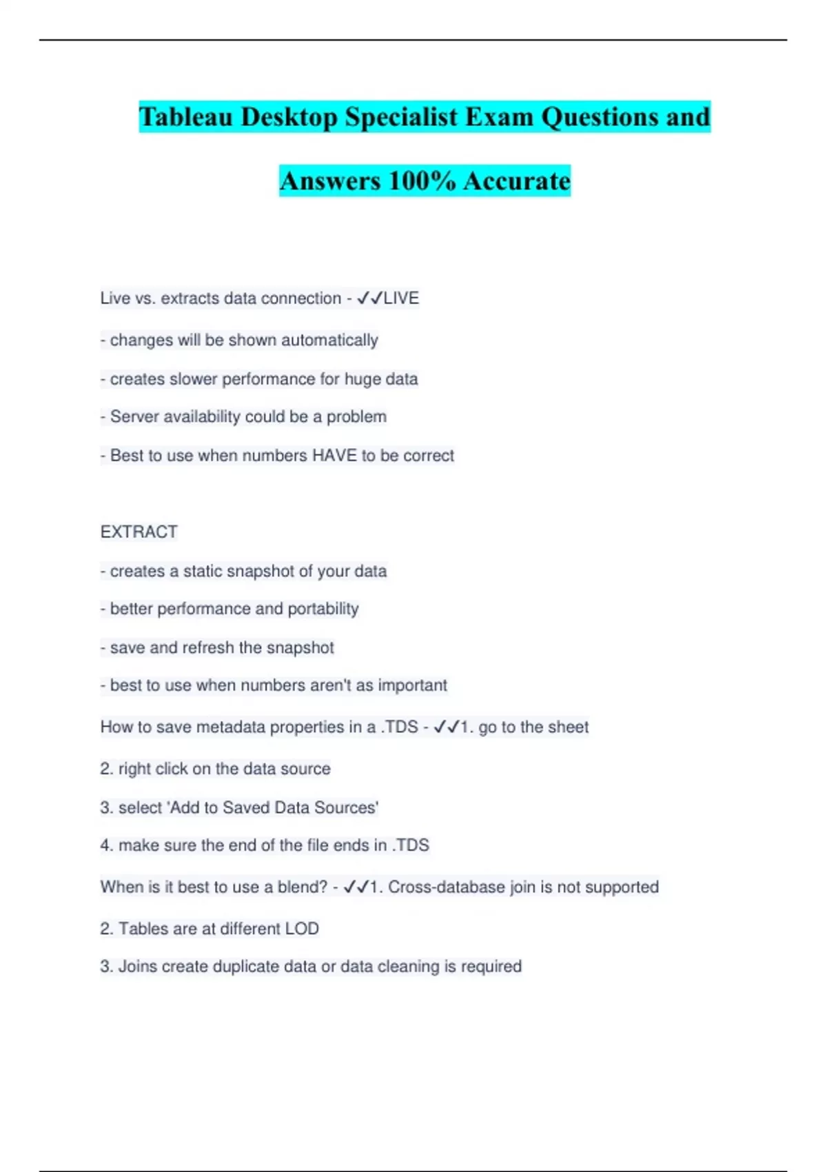 Tableau Desktop Specialist Exam Questions and Answers 100% Accurate ...