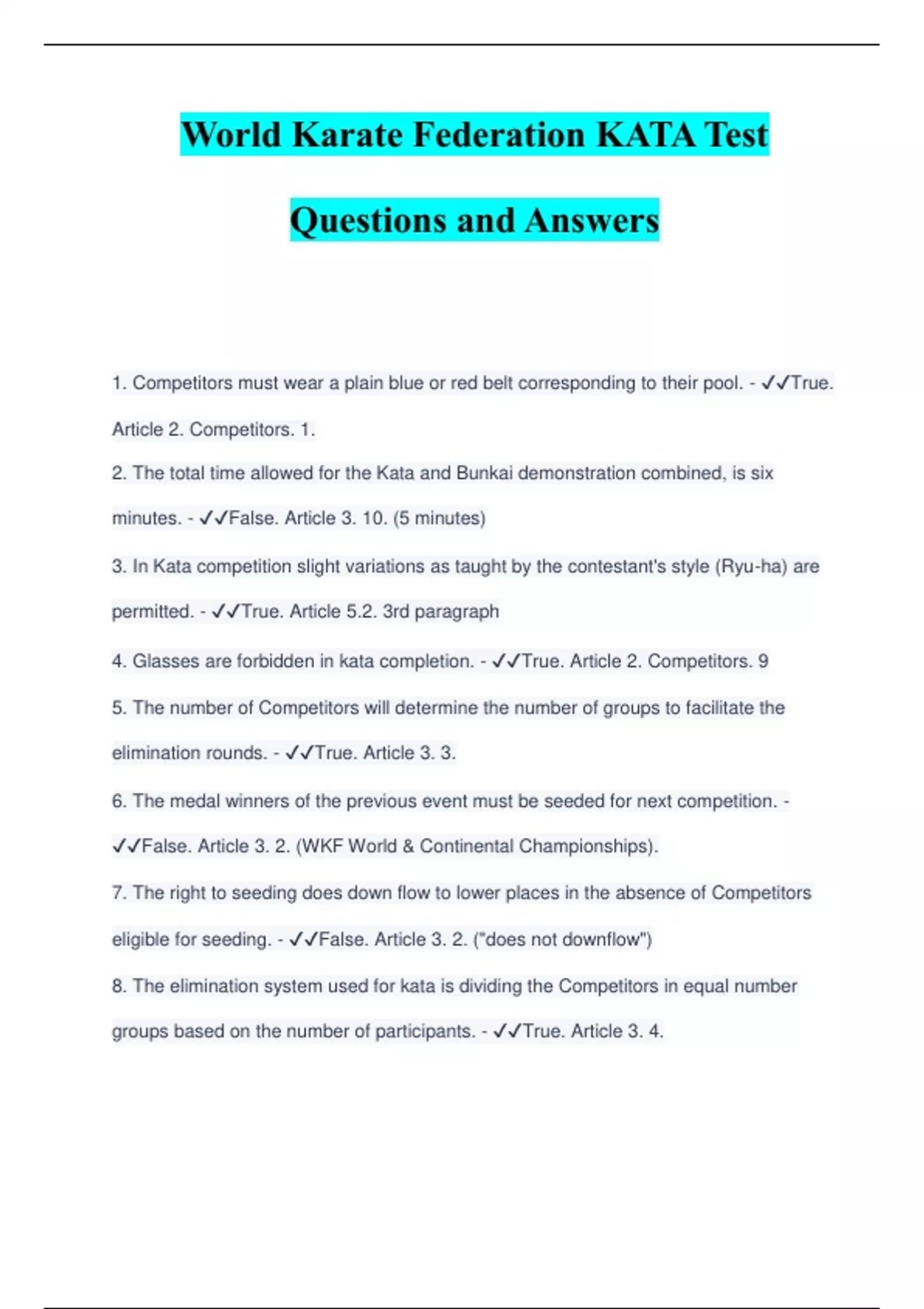 World Karate Federation KATA Test Questions and Answers - Karate ...