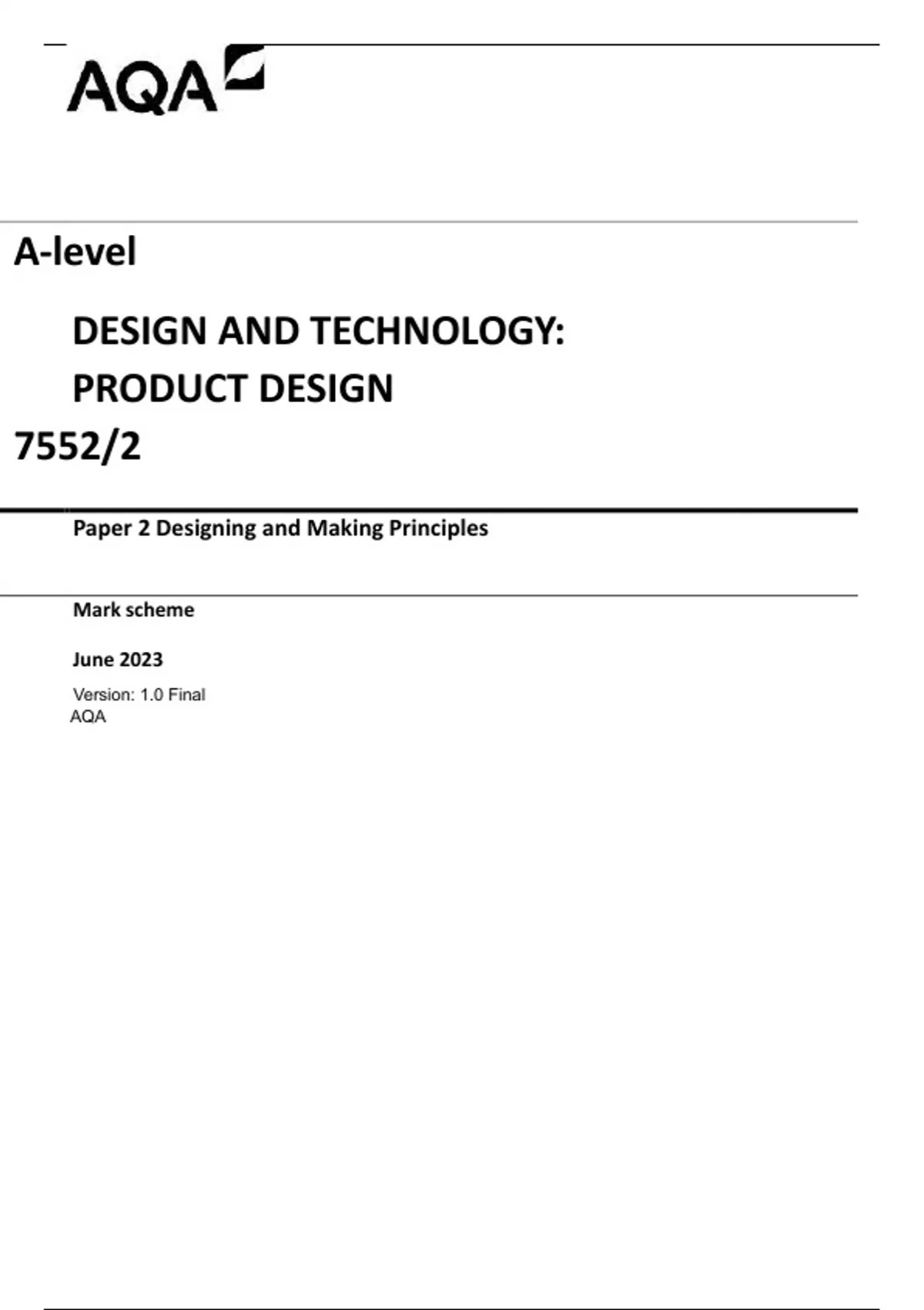 AQA A-level DESIGN AND TECHNOLOGY: PRODUCT DESIGN 7552/2 Paper 2 ...