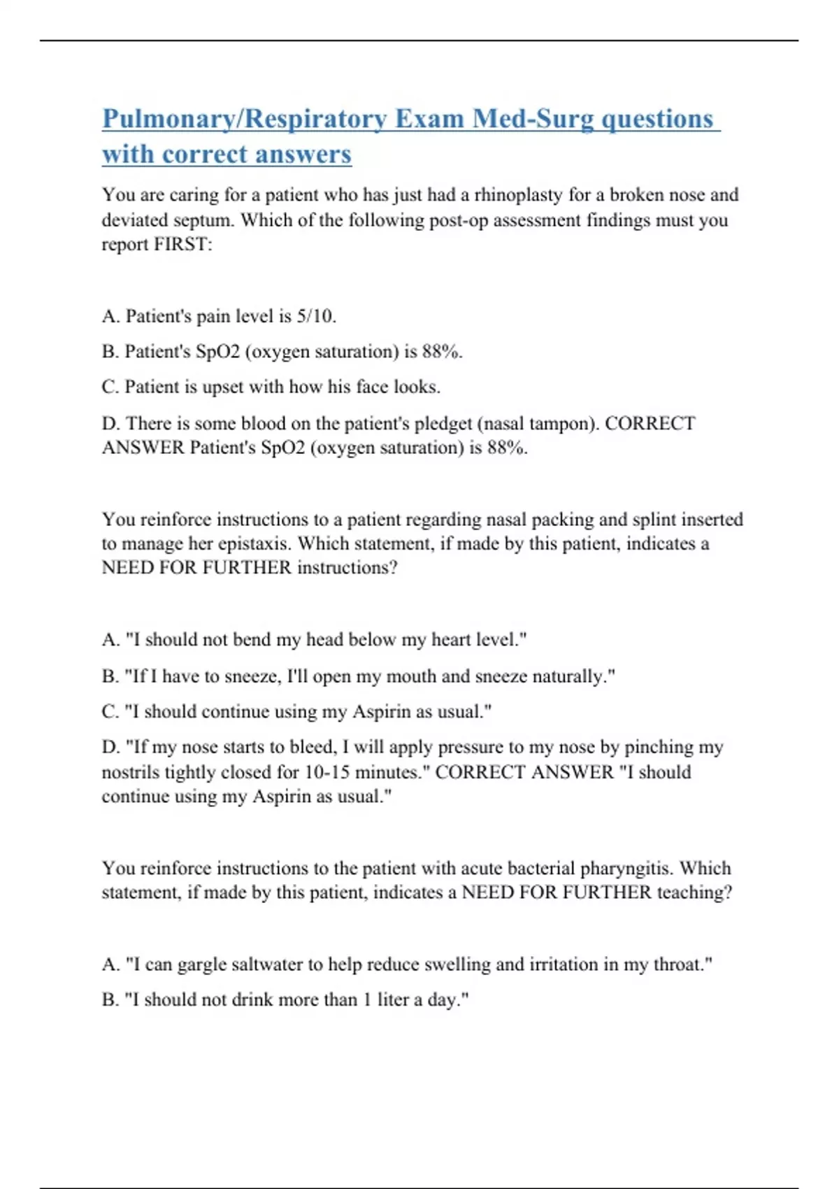 Pulmonary/Respiratory Exam Med-Surg questions with correct answers ...