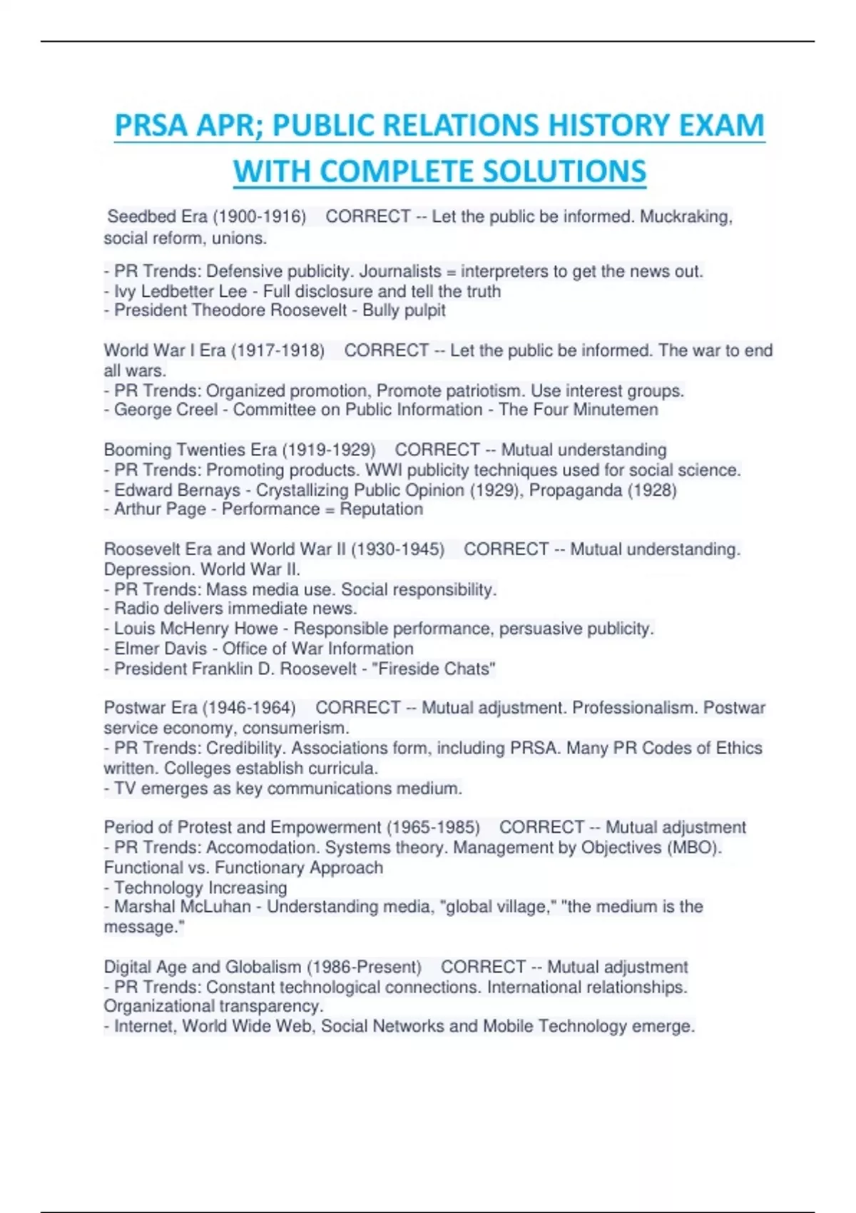 PRSA APR; PUBLIC RELATIONS HISTORY EXAM WITH COMPLETE SOLUTIONS - PRSA ...