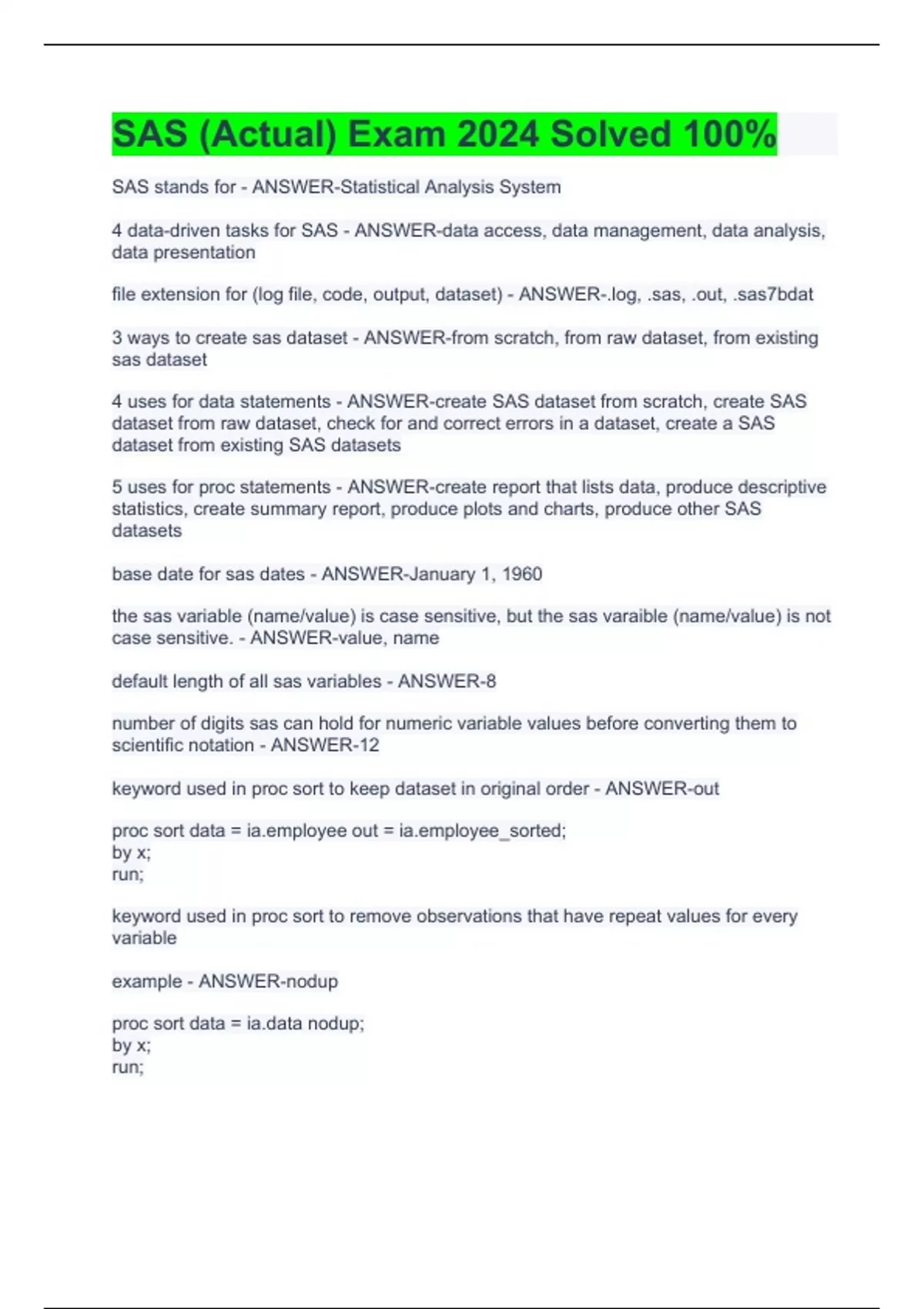 SAS (Actual) Exam 2024 Solved 100% - SAS - Stuvia US