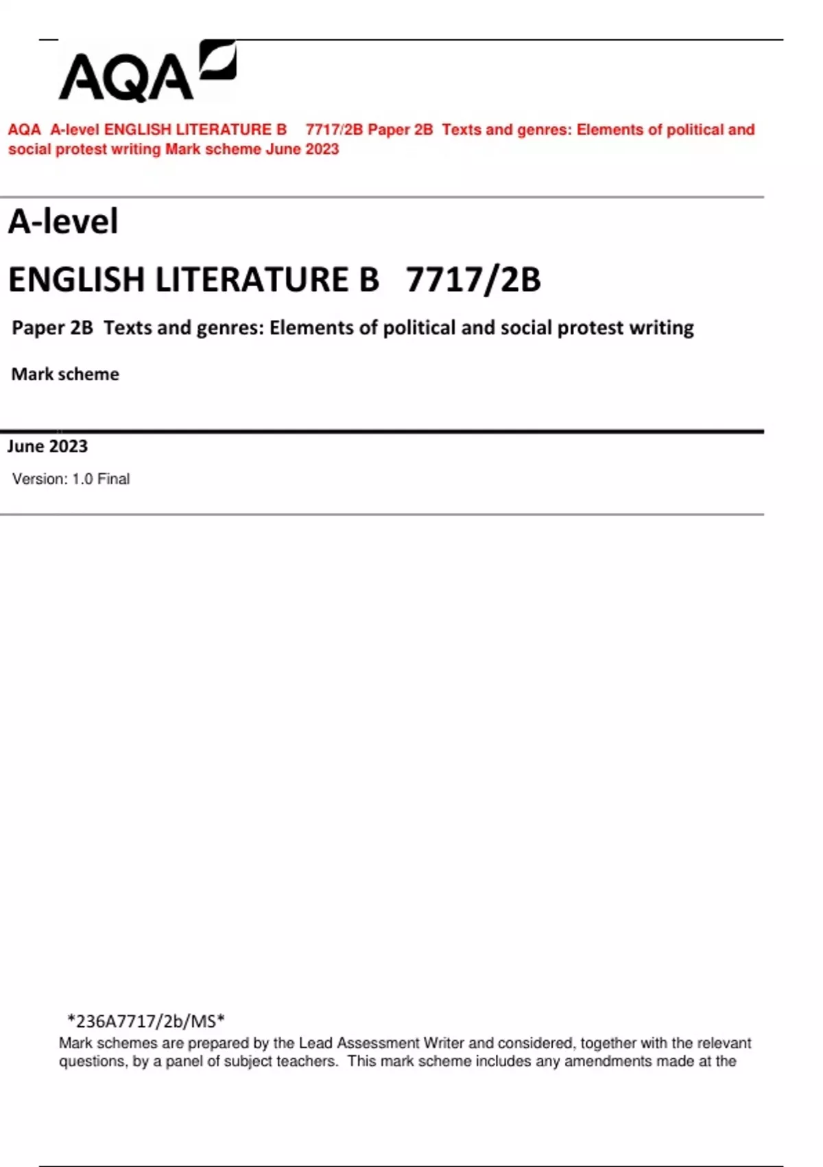 AQA A-level ENGLISH LITERATURE B 7717/2B Paper 2B MS JUNE 2023 - AQA ...