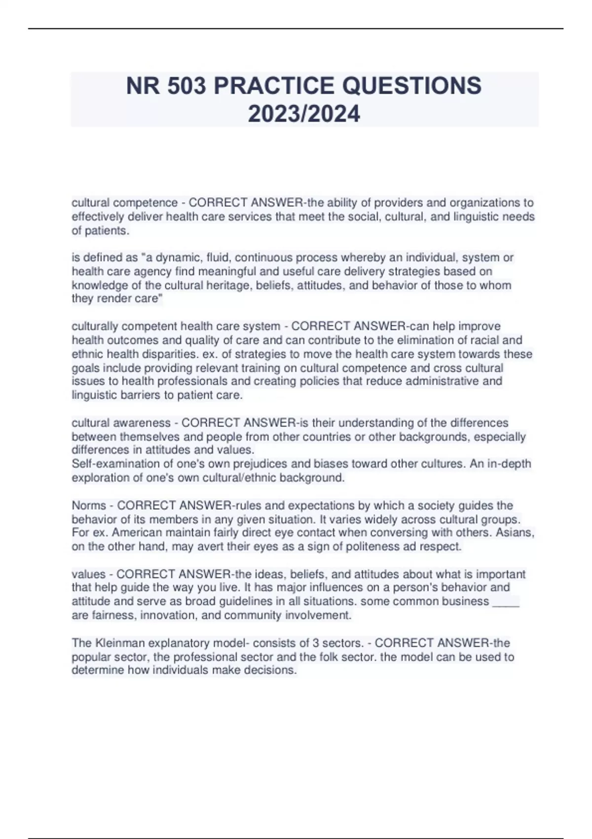 NR 503 PRACTICE QUESTIONS 2023/2024 - NR503 - Stuvia US