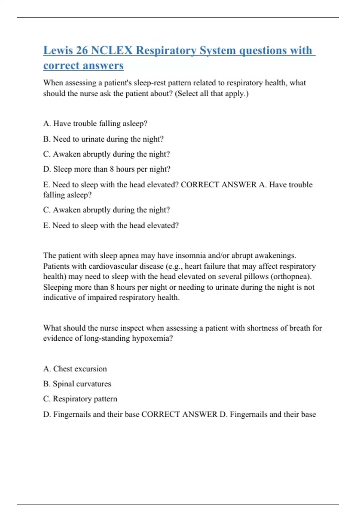 Lewis 26 NCLEX Respiratory System questions with correct answers ...