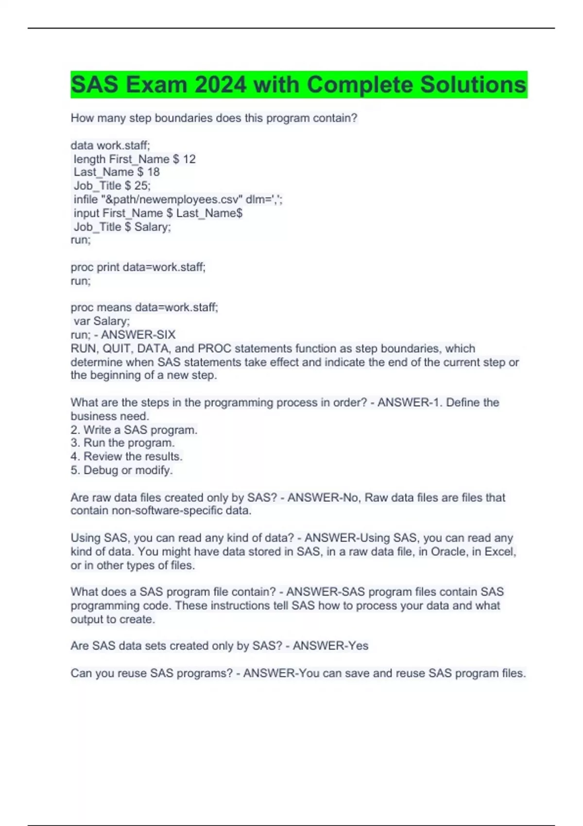 SAS Exam 2024 with Complete Solutions - SAS - Stuvia US