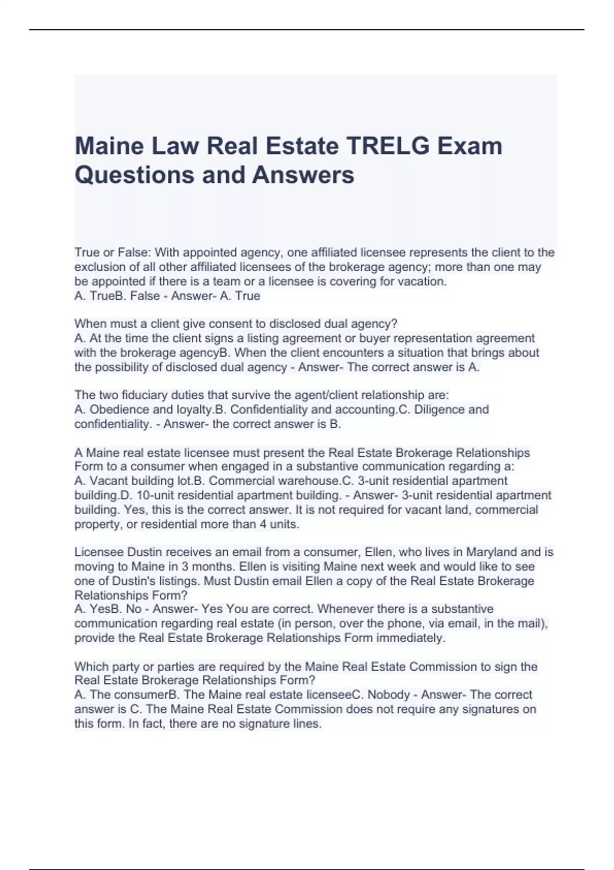 Maine Law Real Estate TRELG Exam Questions and Answers - Maine - Real ...