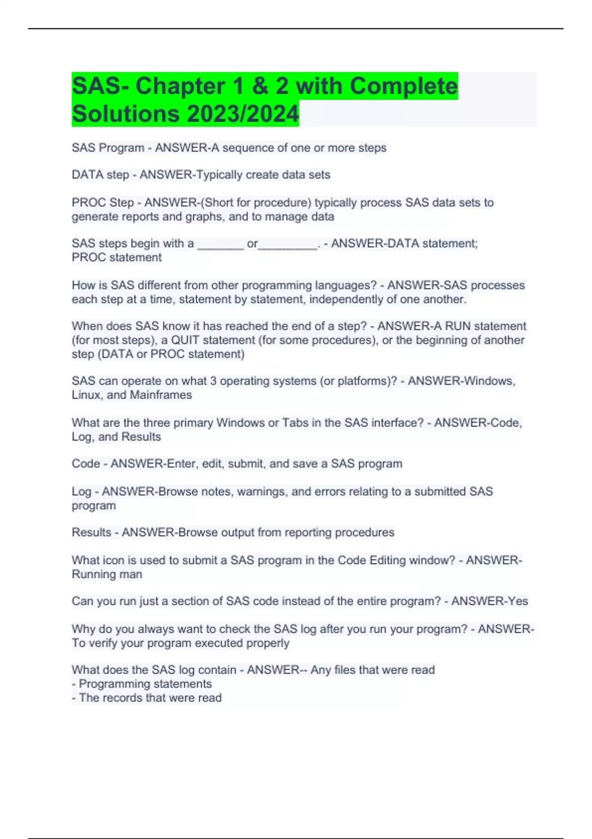 SAS- Chapter 1 & 2 with Complete Solutions 2023/2024 - SAS - Stuvia US