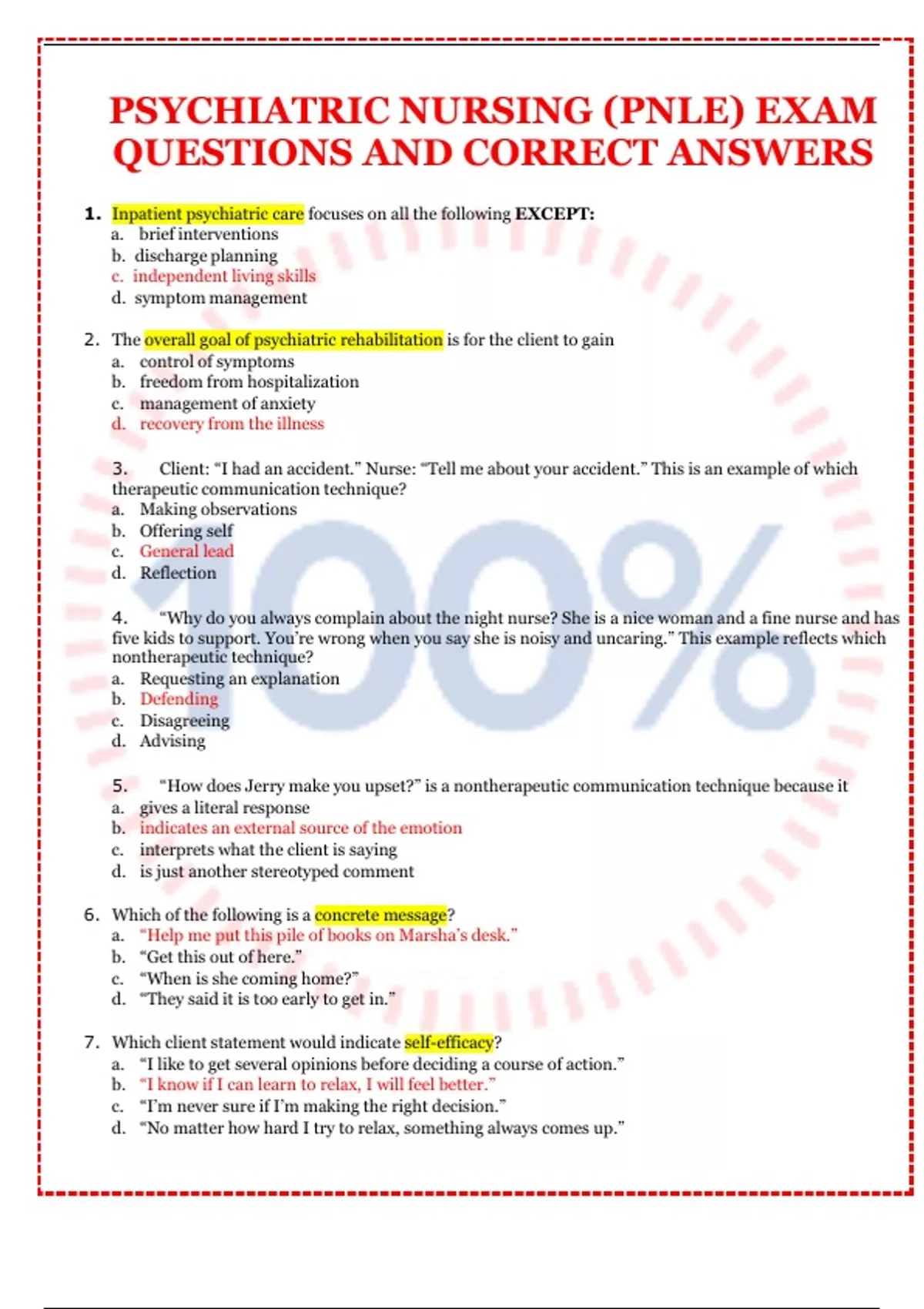 PSYCHIATRIC NURSING (PNLE) EXAM QUESTIONS AND CORRECT ANSWERS ...