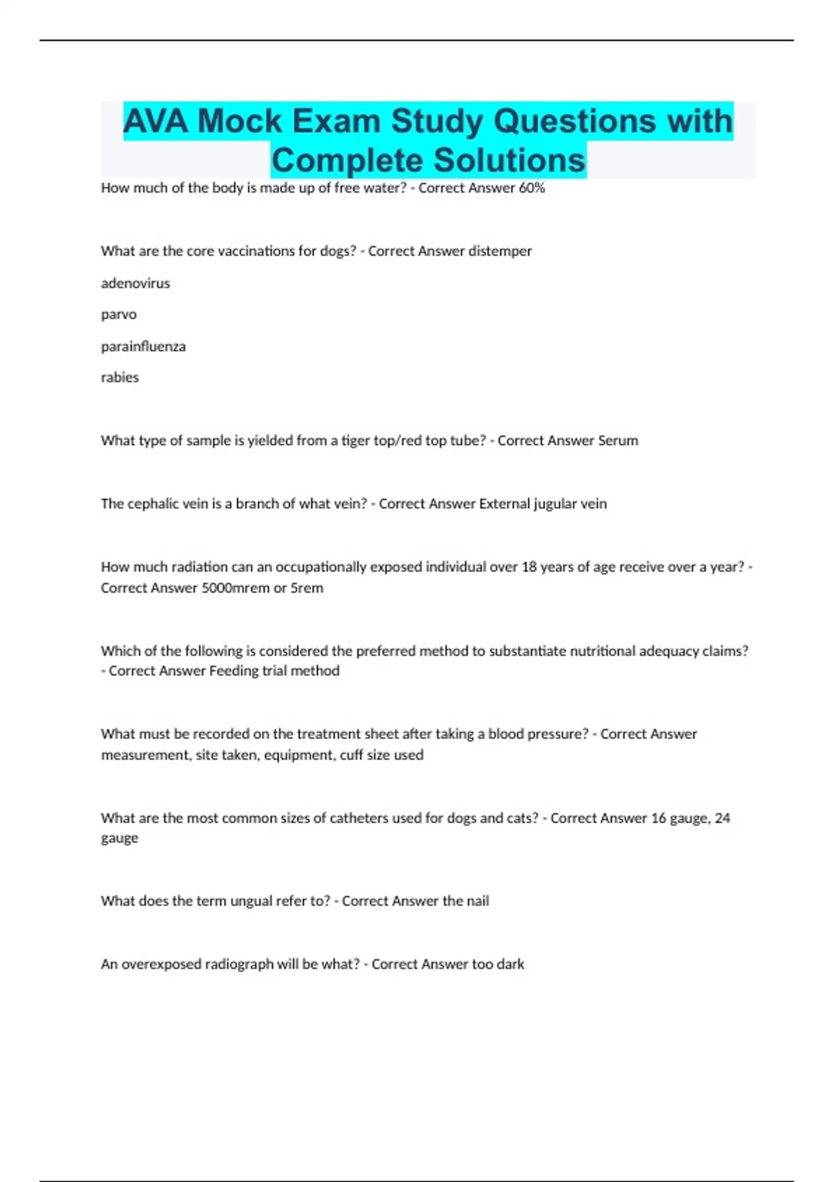 AVA Mock Exam Study Questions with Complete Solutions - AVA - Stuvia US