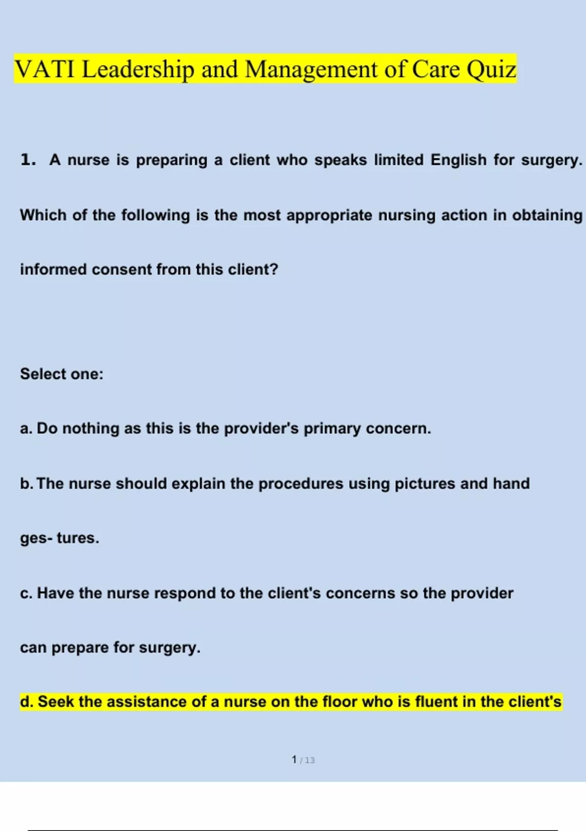 Leadership And Management Of Care Quiz