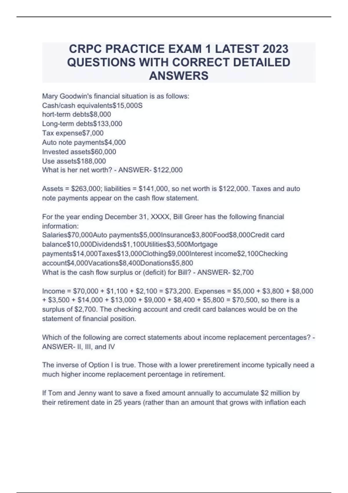 CRPC PRACTICE EXAM 1 LATEST 2023 QUESTIONS WITH CORRECT DETAILED ...