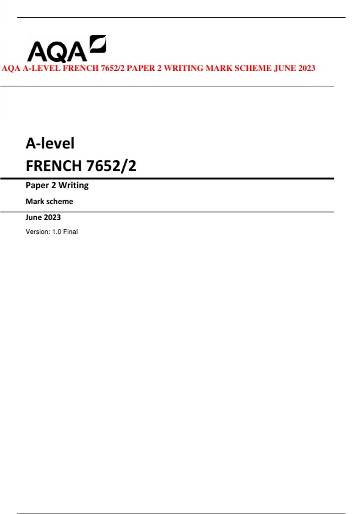 AQA A-level FRENCH 7652/2 Paper 2 Writing Mark scheme June 2023 Version ...