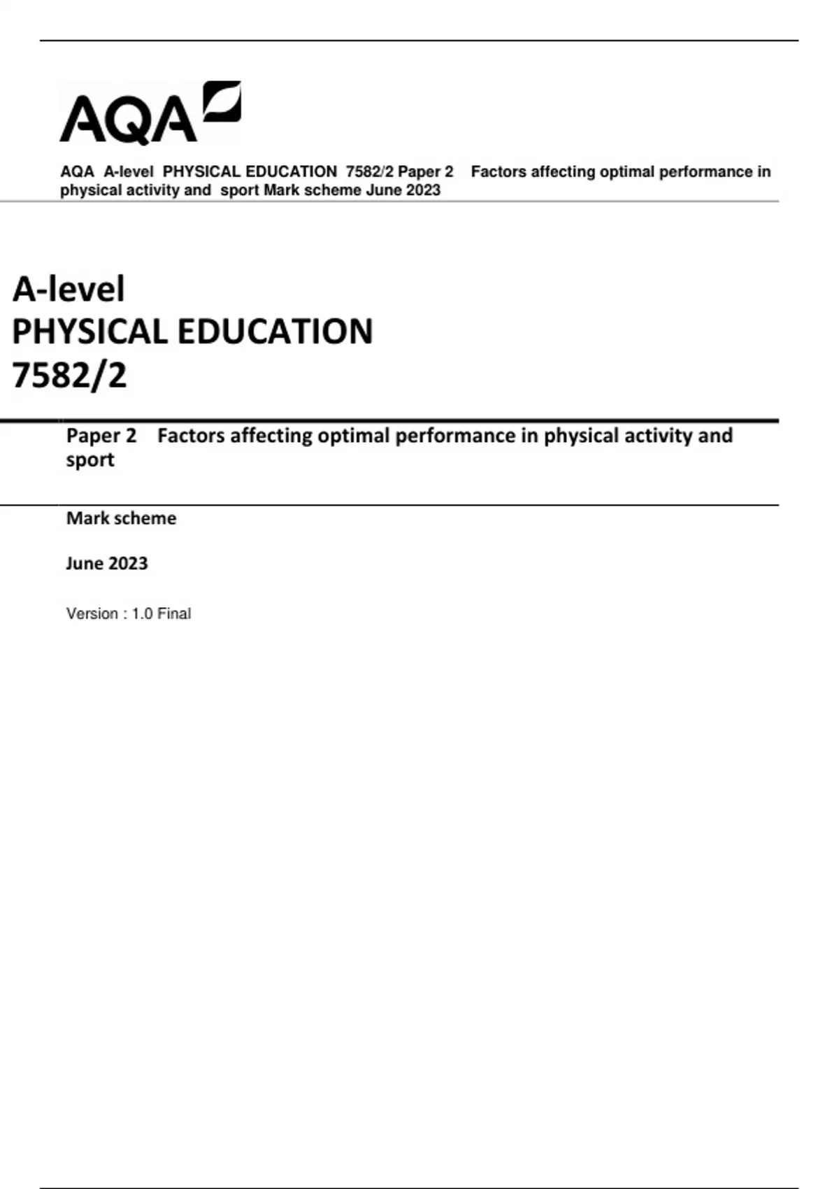 AQA A-level PHYSICAL EDUCATION 7582 PAPER 1 AND 2 QP AND MS 2023 ...