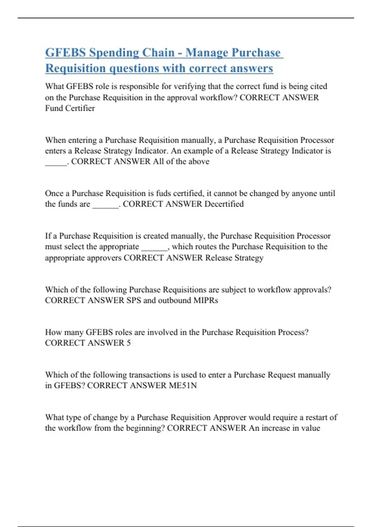 GFEBS Spending Chain - Manage Purchase Requisition questions with ...