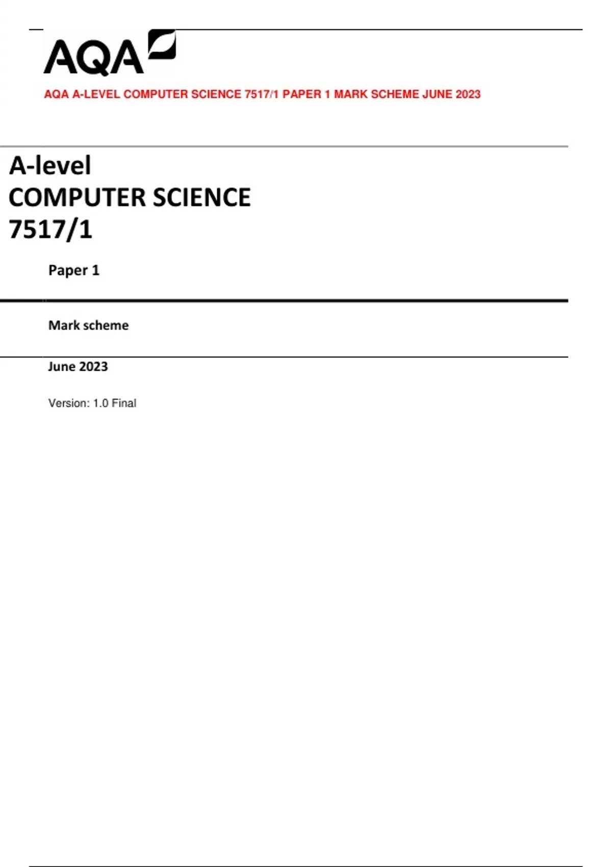 AQA A-level COMPUTER SCIENCE 7517/1 Paper 1 QP AND MS 2023 - Stuvia US